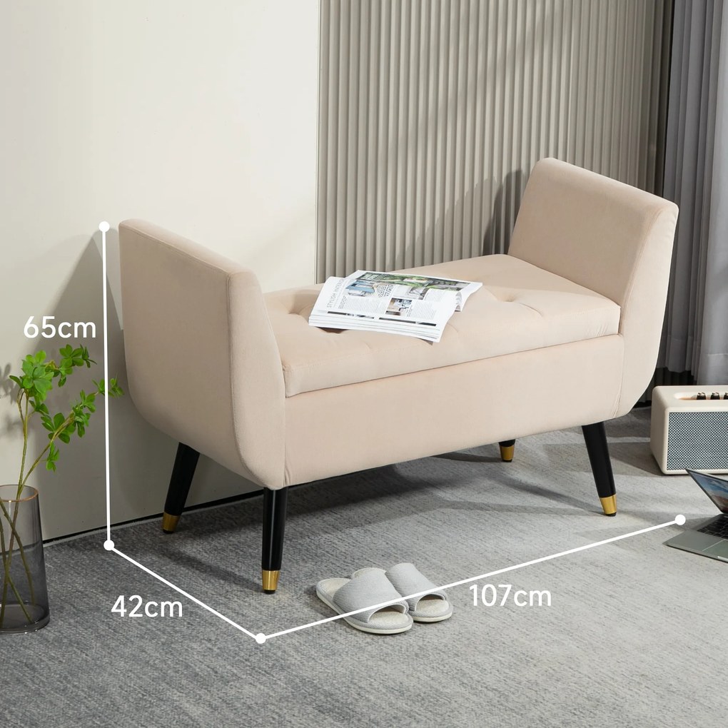 HOMCOM Luxusní sedací lavice Čalouněná lavice s úložným prostorem Područky Truhlicová lavice Sametový polyester kaučukovník Béžová 107 x 42 x 65 cm