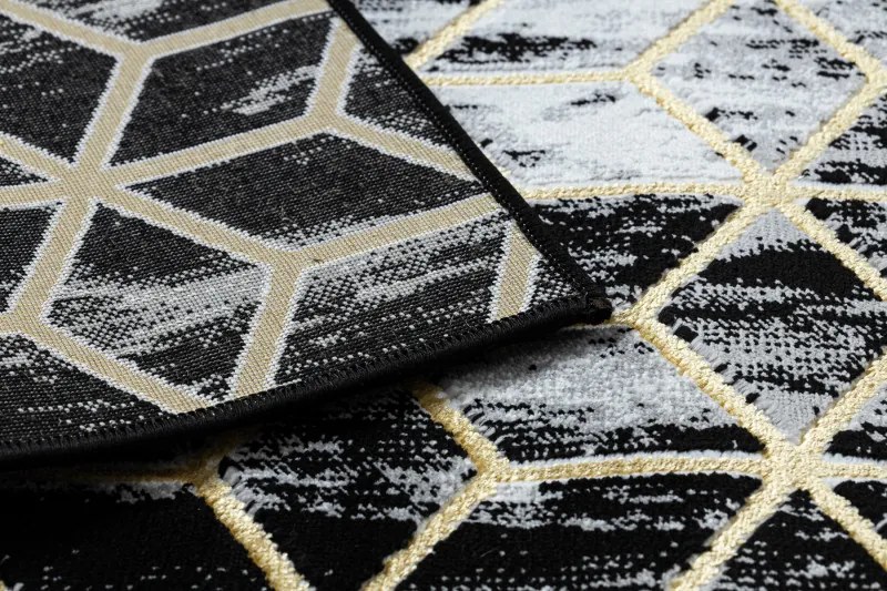 Dywany Łuszczów, Běhoun Gloss 409A 82 3D cubes black/gold/grey, 70x200, černá, obývací pokoj