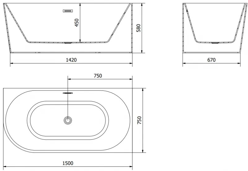 Mexen Mia, volně stojící rohová vana, pravá, 150 x 75 cm, bílá-černá, chromový přepad, 52691507575P-01