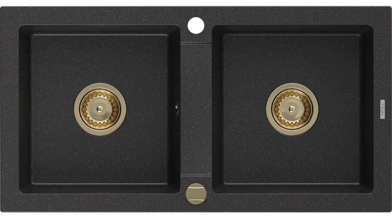 Mexen Mario, granitový dřez 820x436x161 mm, 2-komorový, černá-stříbrná metalíza se zlatým sifonem, 6504822000-73-G