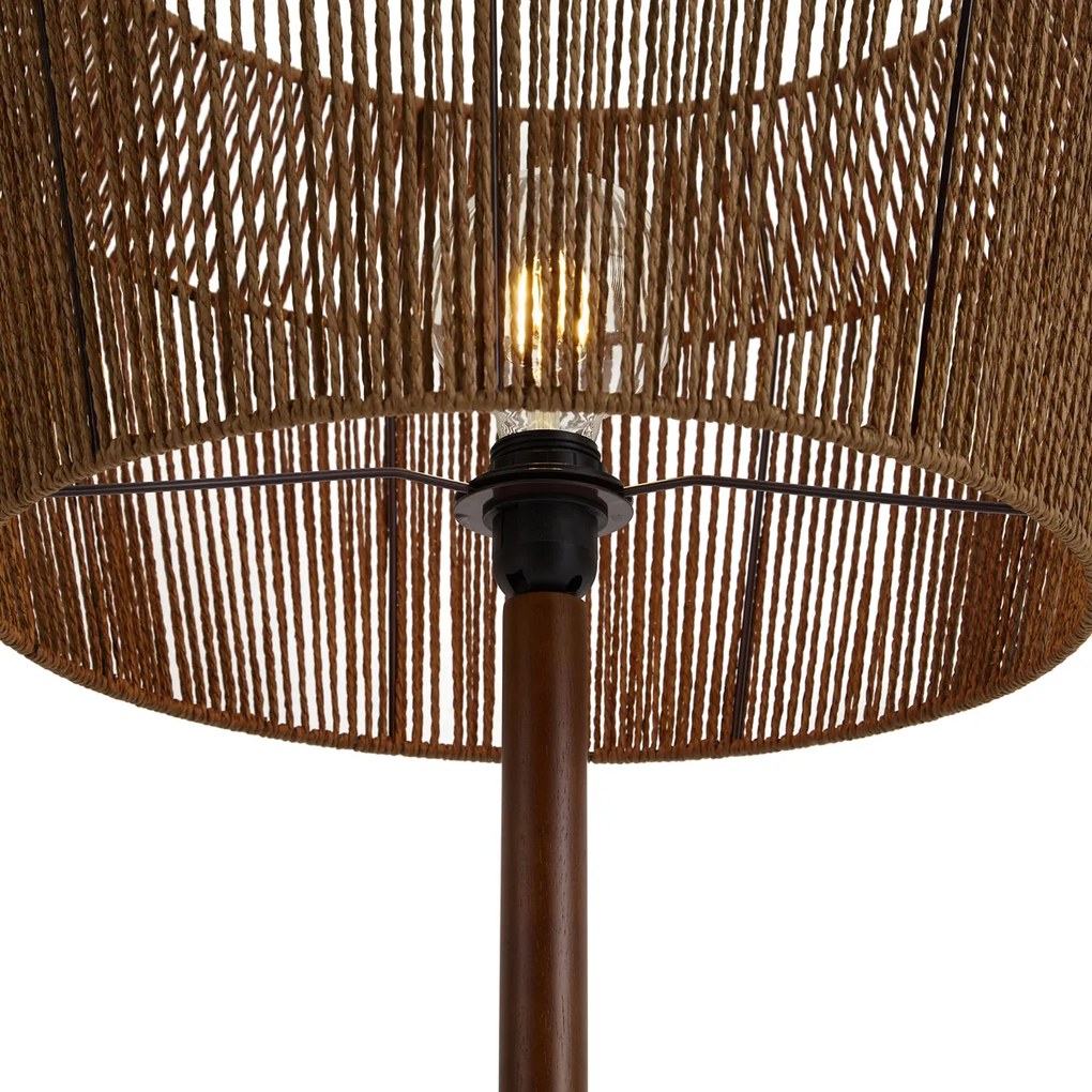 Stojací lampa z ořechového dřeva s hnědým stínidlem z papírového provazu 50/50/30 - Mels
