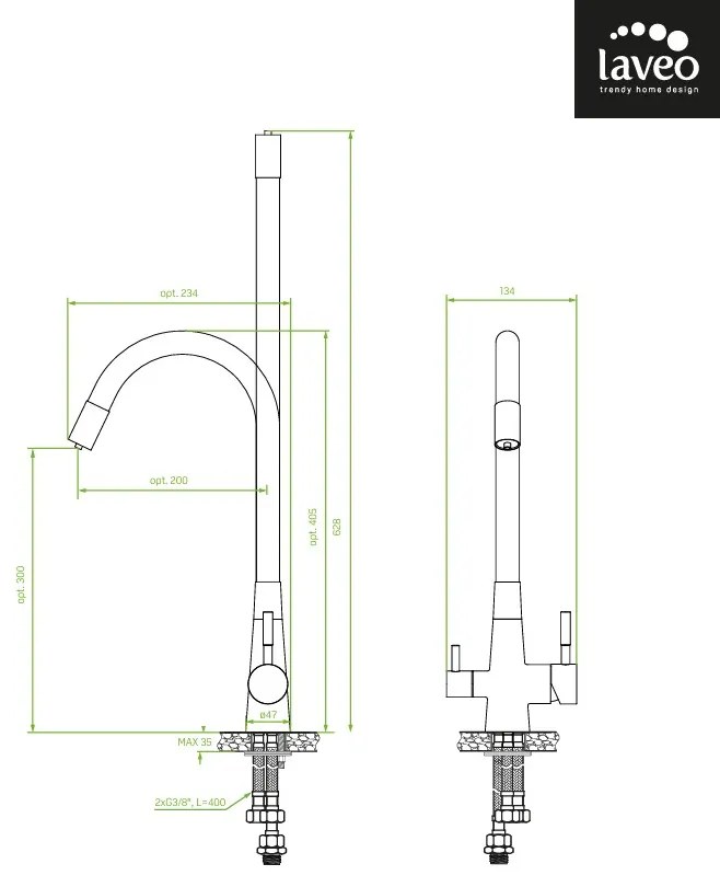 Laveo Riveco, vysoká dřezová baterie s flexibilním výtokem a filtrem na pitnou vodu, černá matná, LAV-BRIBB68D