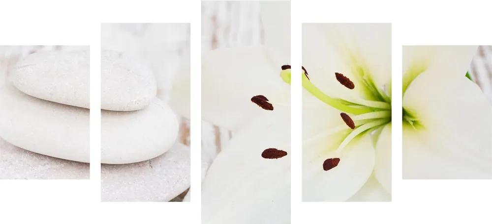 5-dílný obraz lilie a masážní kameny v bílém provedení