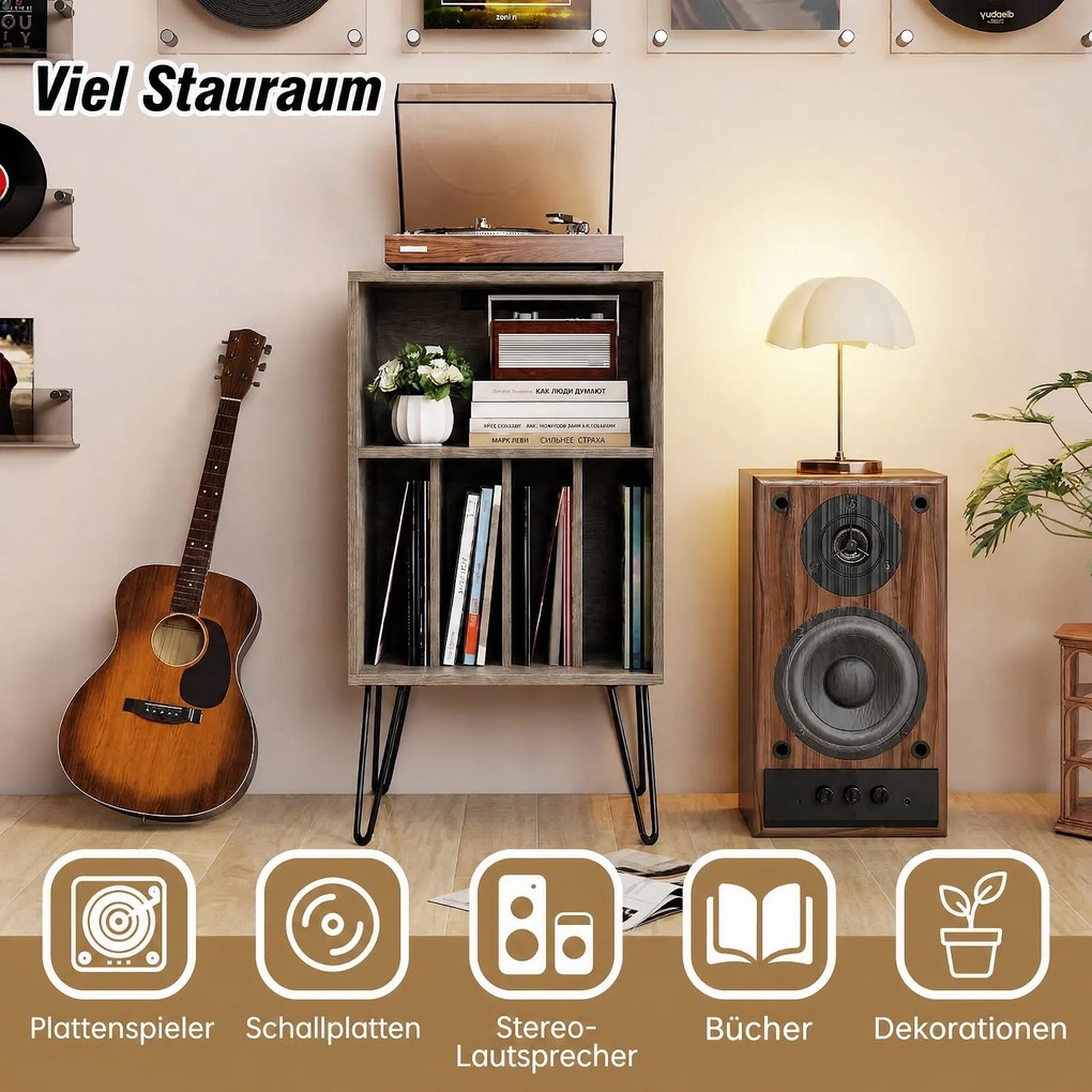 Costway Stojan na gramofon s nabíjecí stanicí Vinylová – šedá