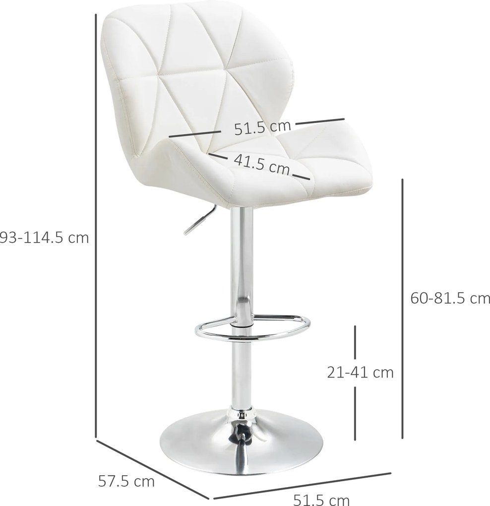 HOMCOM Set 2 Barových Židlí s Nastavitelnou Výškou, Kovová Základna a Sedadlo z PU Kůže, Židle s Opěradlem a Opěrkou Nohou, 51,5x57,5x93-114,5cm, Bílá