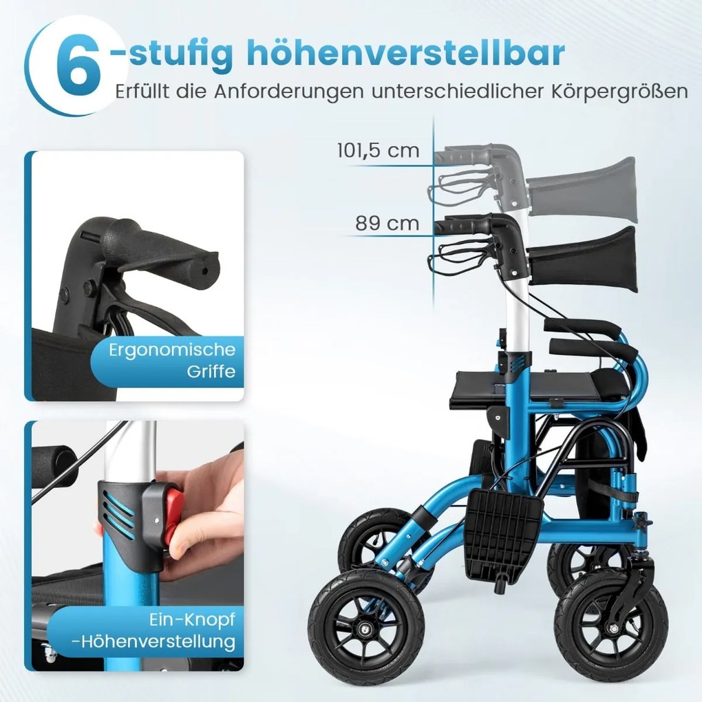 Costway Rollator s pneumatikami, skládací a lehký se sedadlem 2 v 1 invalidním