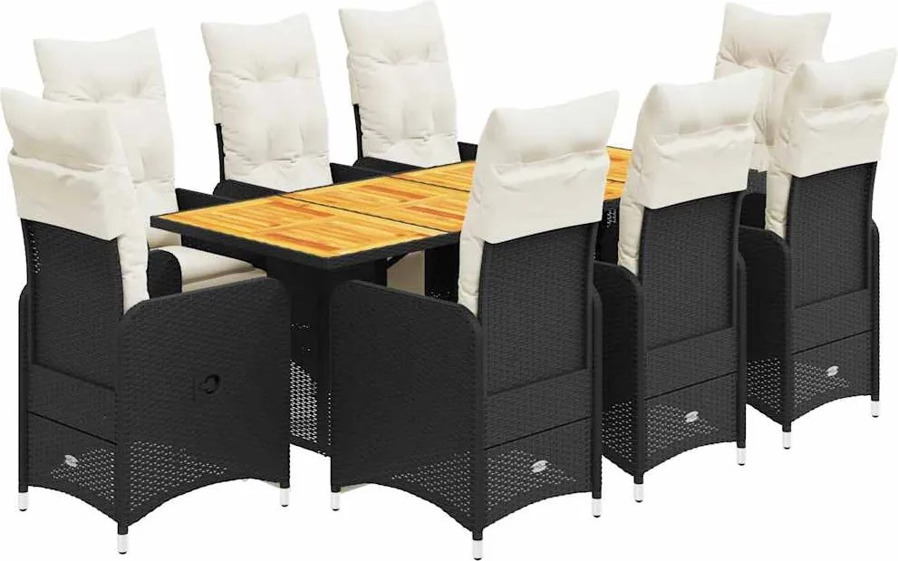 9dílný zahradní bistro set s poduškami černý polyratan 3277134