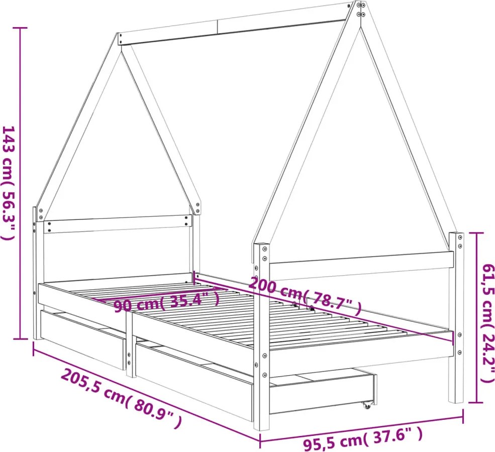 vidaXL Dětská postel se zásuvkami 90x200 cm masivní borové dřevo [834470] Barva: Bílá