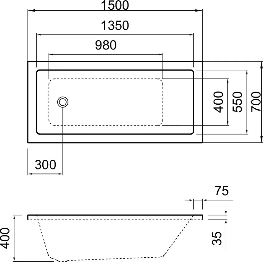 Erga Pureline-S, vana 1500x700x400 mm bez nožiček, bílá lesklá, ERG-V07-PURELINE-S-150x070-WH