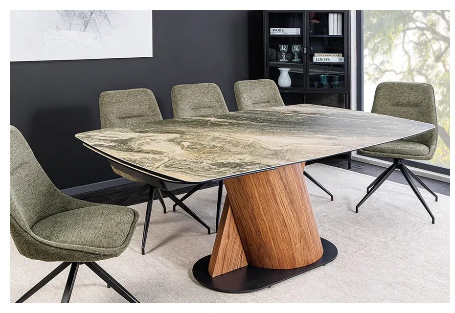 Massive home | Jídelní stůl ELEMENTS 180-260 cm rozkládací, ořechový rám s keramickou deskou, taupe béžový mramorový vzhled