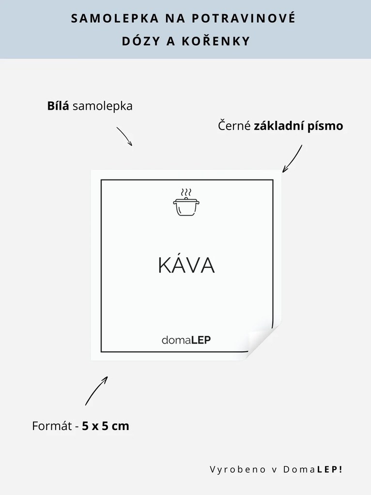 KÁVA – bílá samolepka na dózu, základní písmo, 5 × 5 cm | DomaLEP