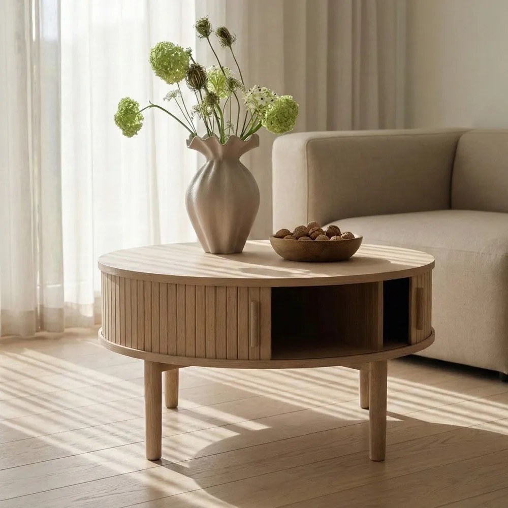 Kulatý konferenční stolek v dekoru dubu ve světle přírodní barvě ø 85 cm Meta – Unique Furniture