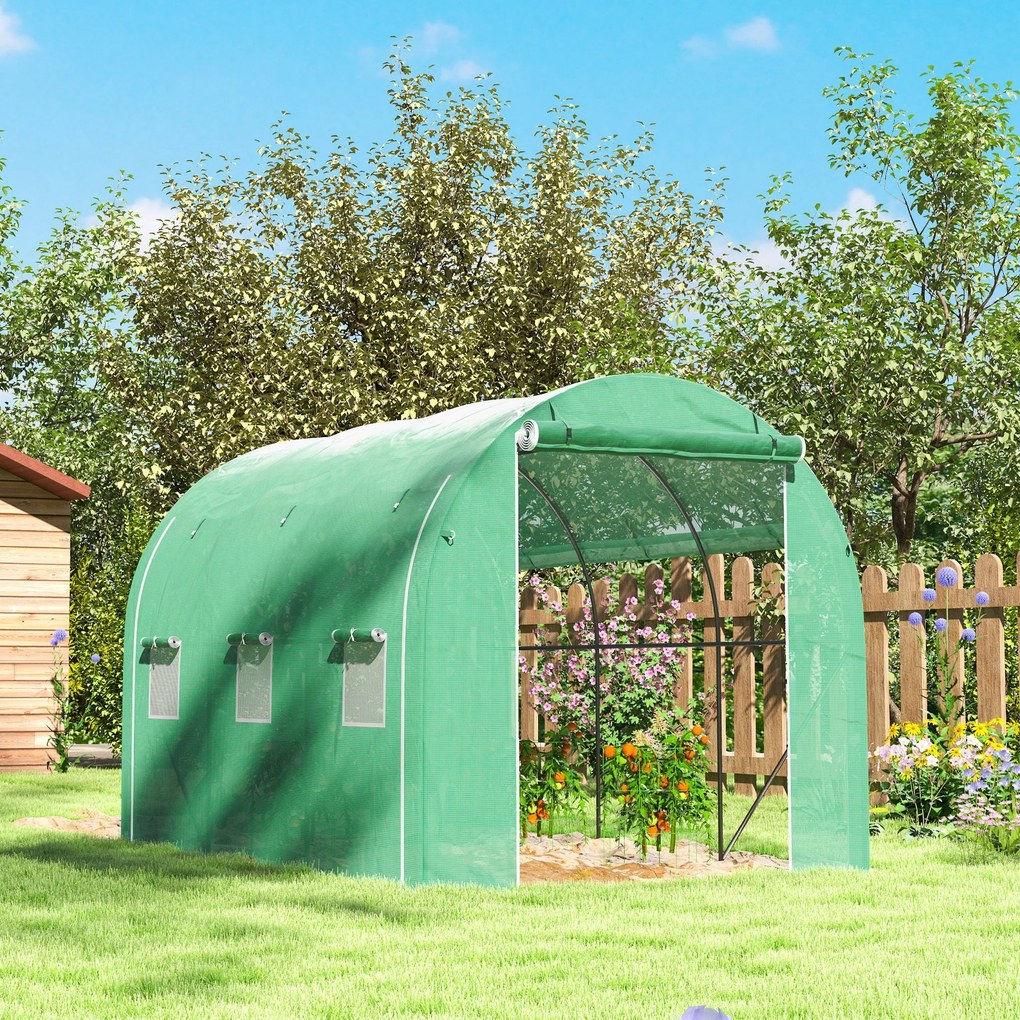Zahradní skleník Outsunny 6m² 3 x 2m s 1 dveřmi + 2 rolovacími zipovými postranními panely, 6 okny, pozinkovaná ocel, vysoká hustota 140 g/m² Anti-UV