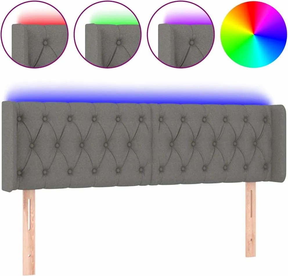 Čelo postele s LED tmavě šedé 147 x 16 x 78/88 cm textil 3123571