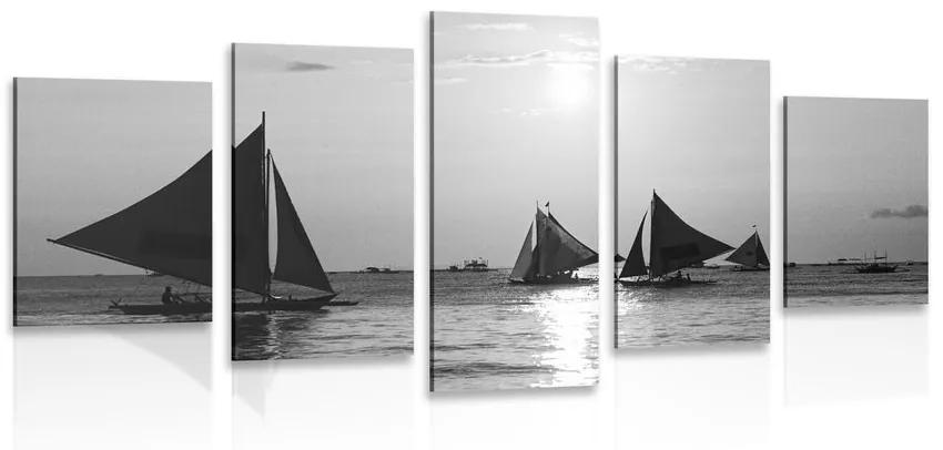 5-dílný obraz nádherný západ slunce na moři v černobílém provedení Varianta: 100x50
