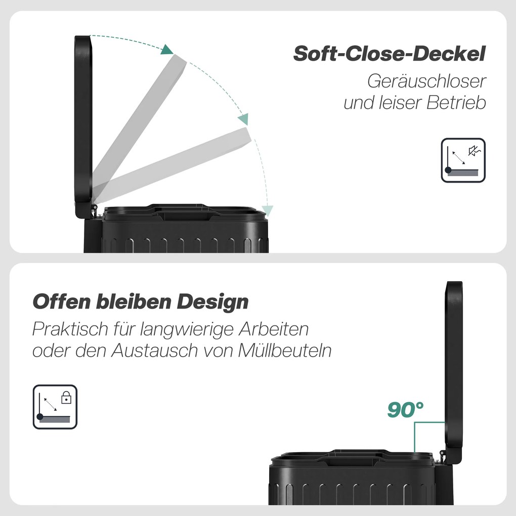 Küchenmülleimer, 2 x 20 L-Fächer, effiziente Mülltrennung, Fußpedal, Kunststoff, Metall, Schwarz