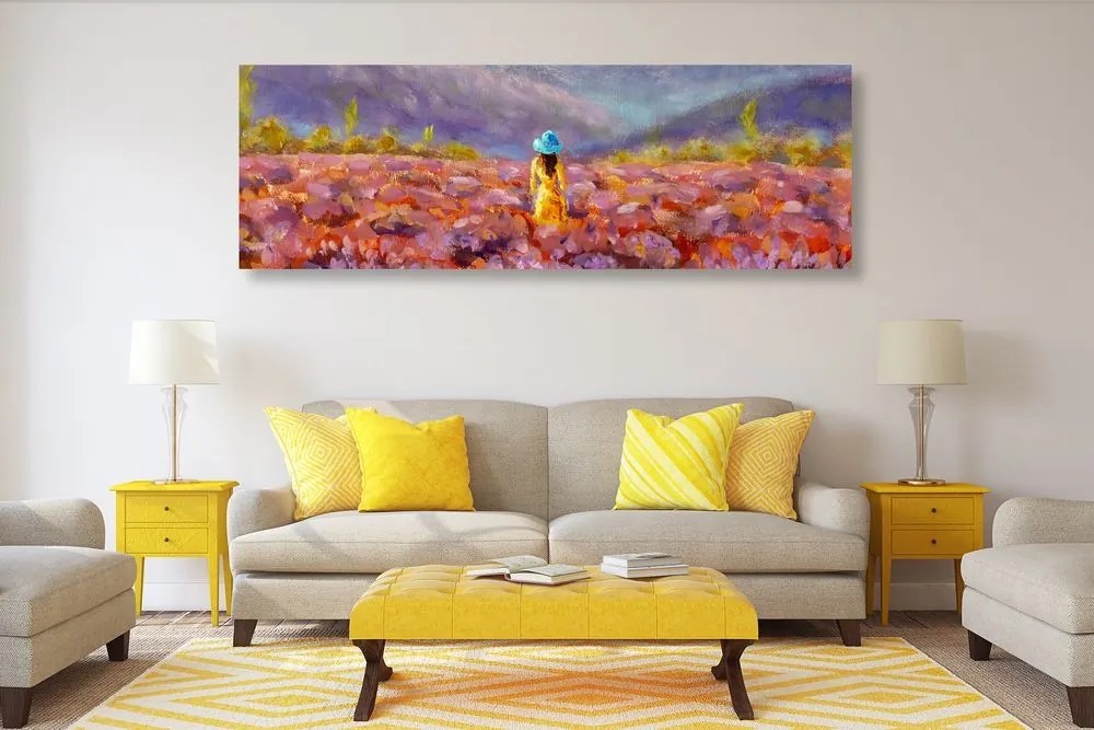 Obraz dívka ve žlutých šatech v levandulovém poli - 135x45 cm