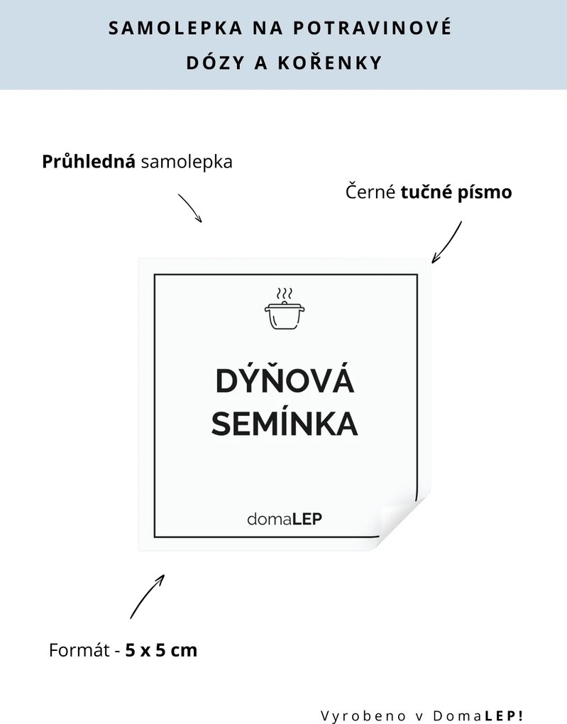 DÝŇOVÁ SEMÍNKA – průhledná samolepka na dózu, tučné písmo, 5 x 5 cm | DomaLEP