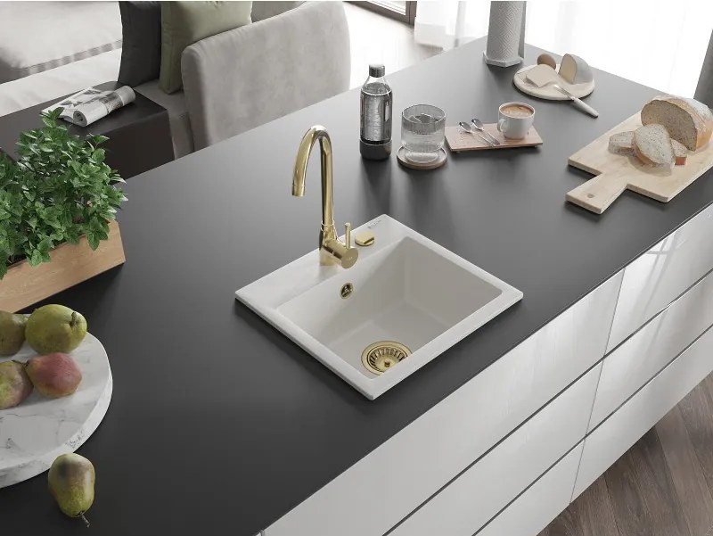 Mexen Milo, granitový dřez 435x410x171 mm, 1-komorový, bílá se zlatým sifonem, 6505441000-20-G