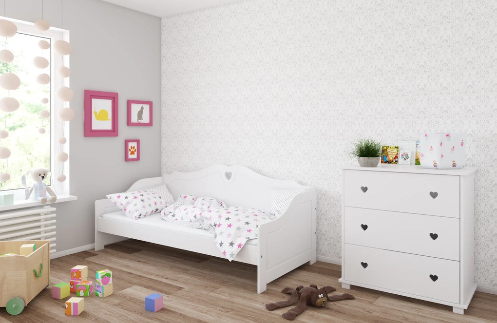 BabyBeds Dětská postel ZUZANA srdíčka Velikost postele: 180x80 cm, Barevné provedení: bílá a šedá, Úložný prostor: Ne, bez úložného prostoru Bílá