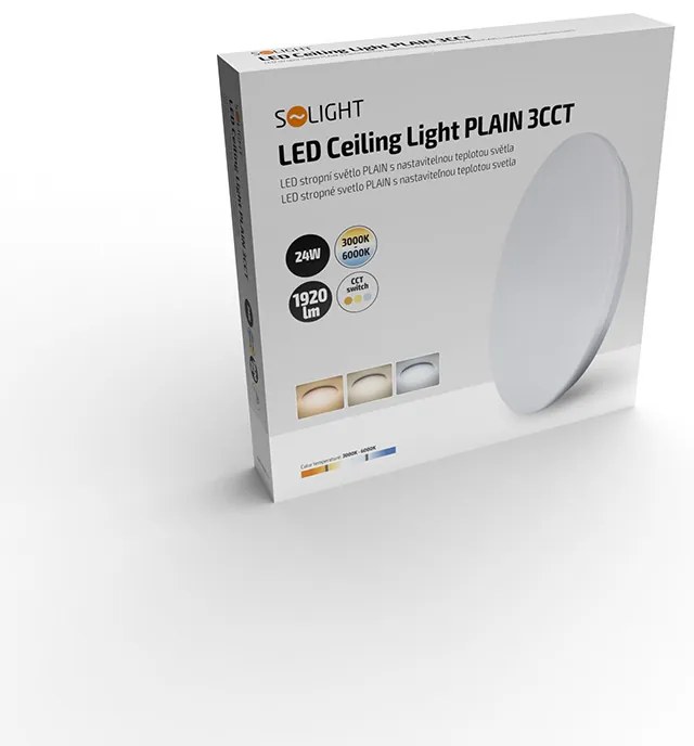 Solight LED stropní světlo Plain, 3CCT, 24W, 1920lm, 3000K, 4000K, 6000K, kulaté, 38cm