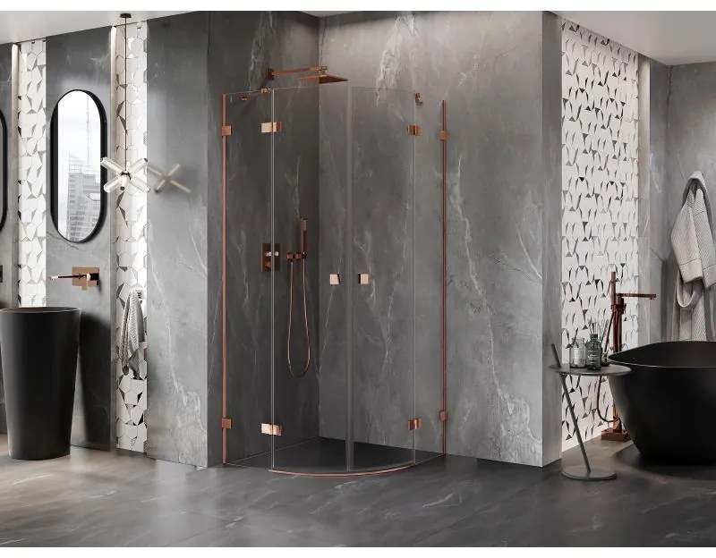 Mexen Lunar, půlkruhový výklopný sprchový kout 80 x 80 cm, 8mm čiré sklo, profil růžové zlato, 833-080L-080P-60-00