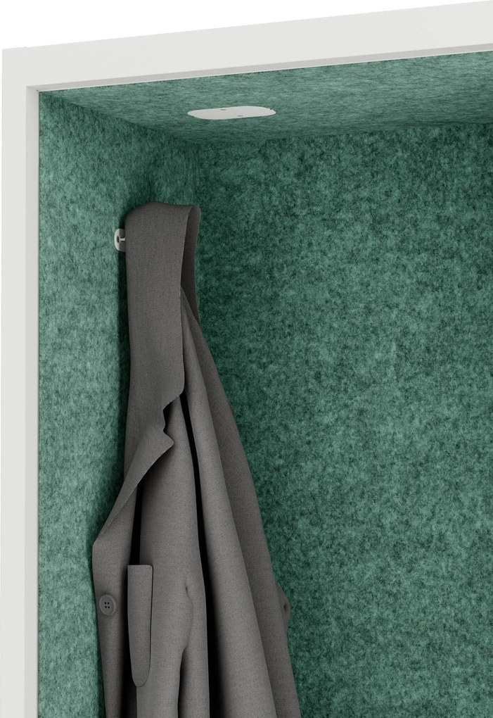 Kancelářská akustická kabina se sedátkem a USB-C portem, korpus bílý / sedák zelený, 600 mm: SALLY MentalBox