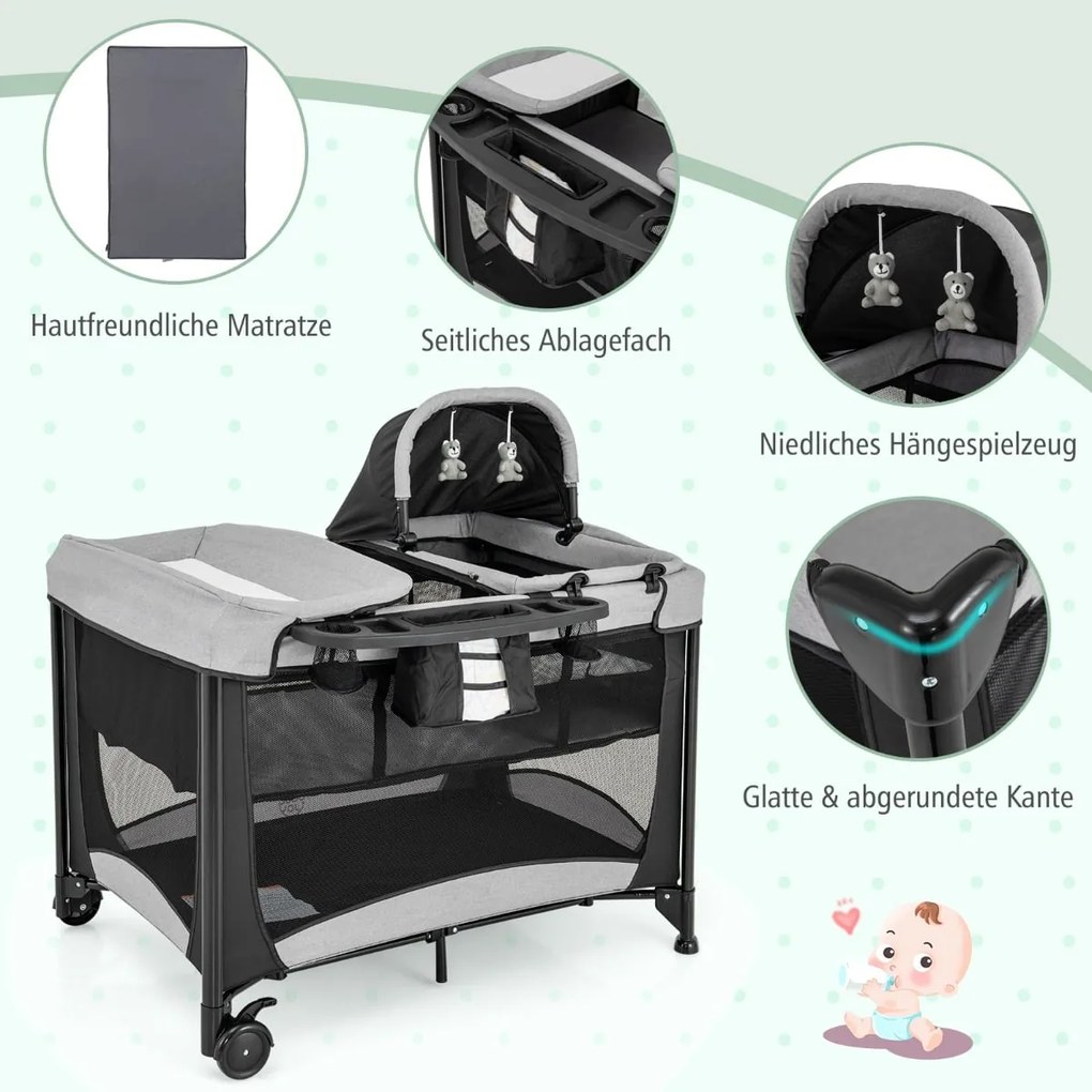 Costway Přenosná 5-in-1 dětská postýlka s cestovní postýlkou a kolébkou