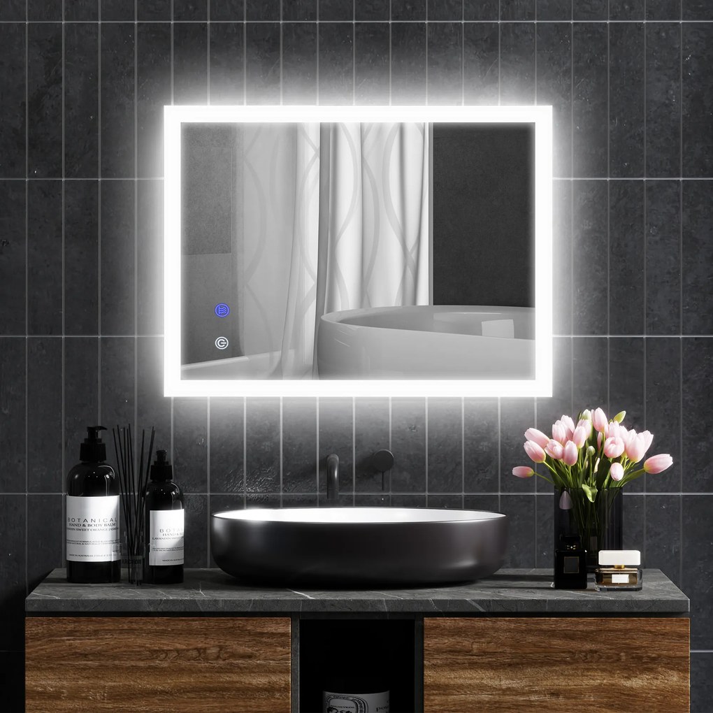 kleankin LED koupelnové zrcadlo, podsvícení, dotyková funkce, funkce paměti, proti zamlžení, 80 x 60 cm
