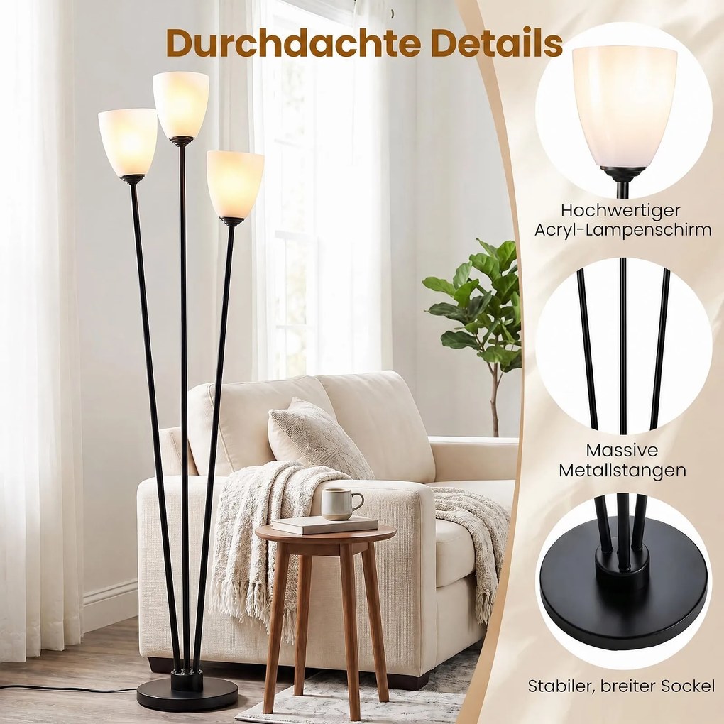 Costway Stojací lampa153cm stojací lampa s3E27- patice lampiček na čtení3Flamey