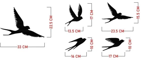 SADA 5x Nástěnná dekorace ptáci kov