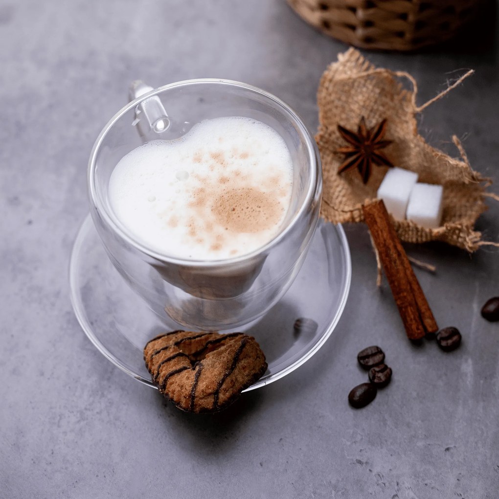 Termo sklenice, set 2 ks, šálek Heart s podšálky, ve tvaru srdce, 150 ml, HOTCOOL TYP 5