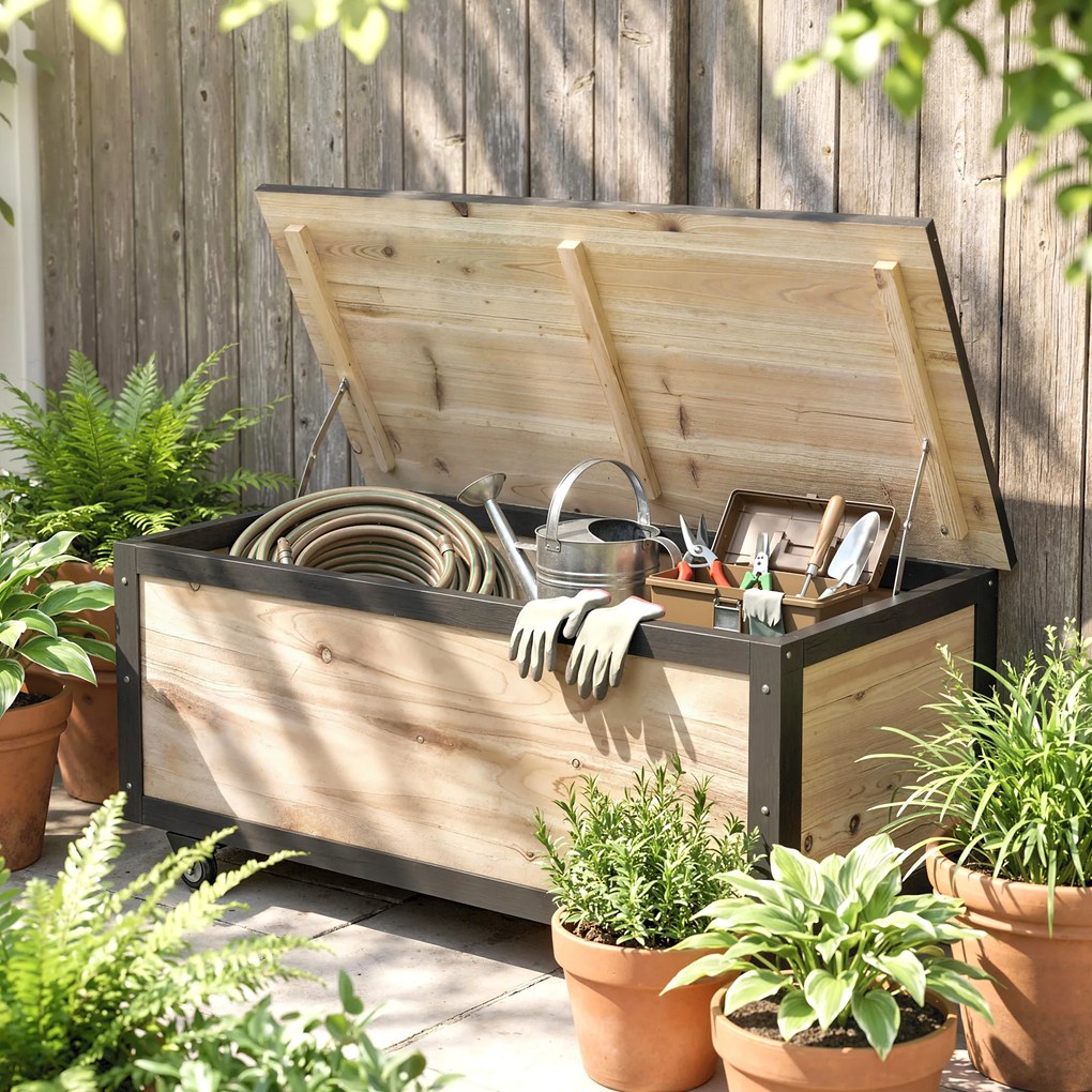 Outsunny zahradní box dřevěný úložný box 121L úložný box na kolečkách, úložný box odolný proti povětrnostním vlivům na balkon, terasu, do přírody