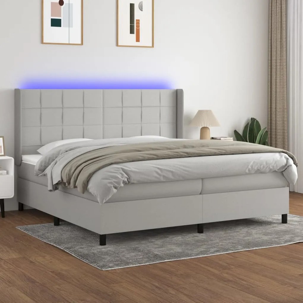 Box spring postel s matrací a LED světle šedá 200x200 cm textil 3138341