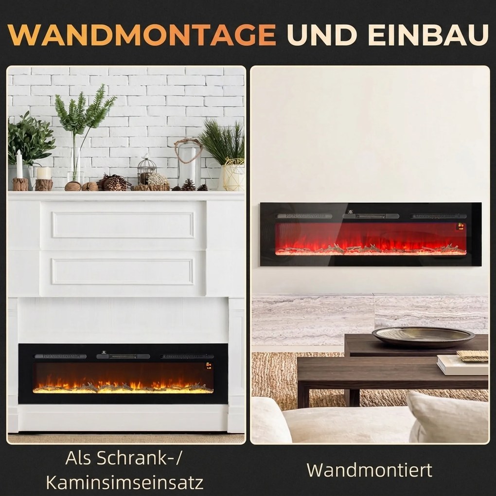 HOMCOM Elektrický krb s nástěnným držákem a dálkovým ovládáním, umělé polena a krystaly, výkon 1800W, černá 820-422V93BK