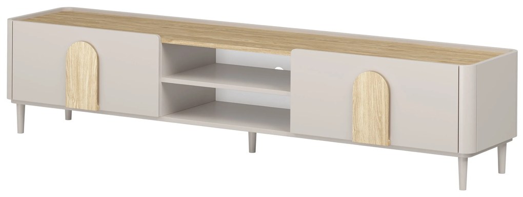 TV stolek Amilio 220 cm na nožkách - kašmírová / dub olejovaný / úchytky dub světlý