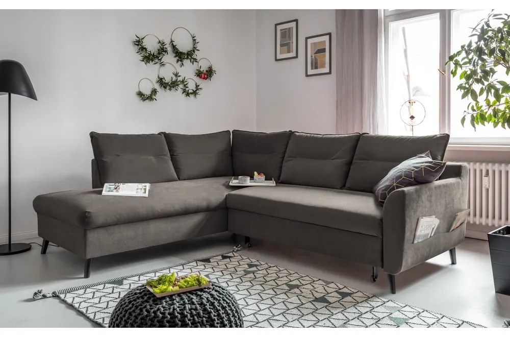 Tmavě šedá sametová rozkládací rohová pohovka Miuform Stylish Stan L, levý roh