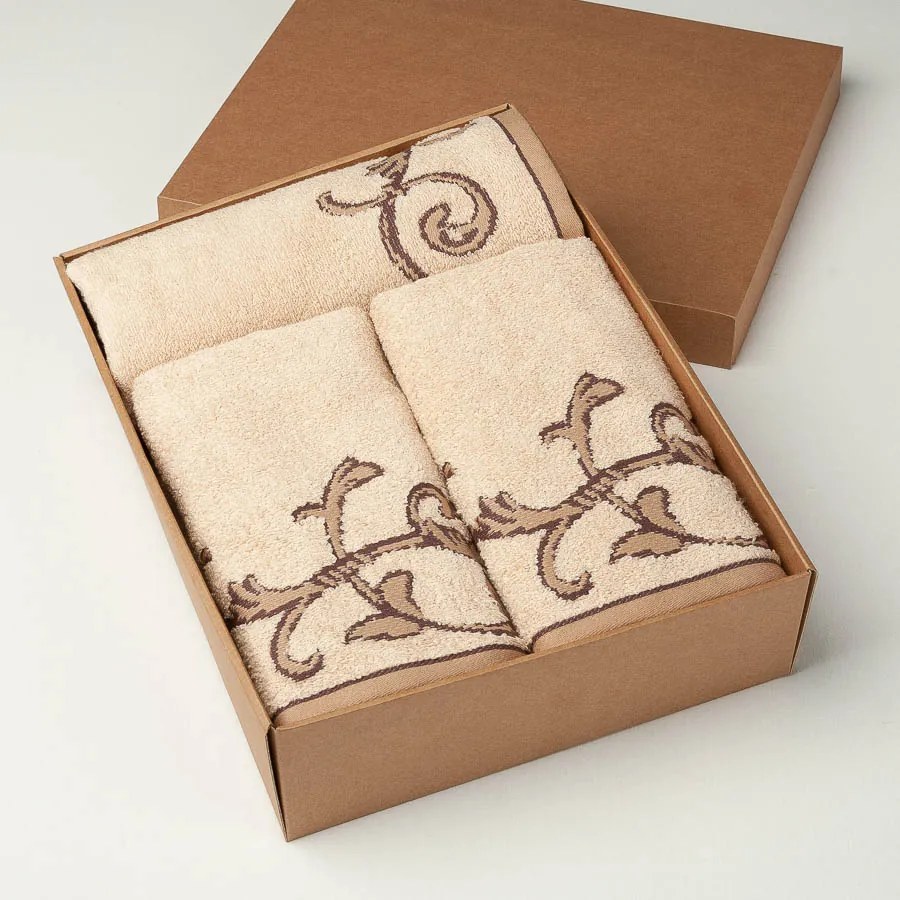 Ručníky s osuškou Veba TERRY Barocco I v dárkové krabici béžová Velikost: 70x140 + 2x 50x100 cm