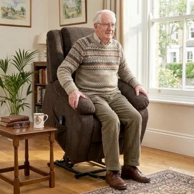 HOMCOM Křeslo pro vstávání s měkkým potahem, relaxační křeslo s dálkovým ovládáním a bočními kapsami, hnědé