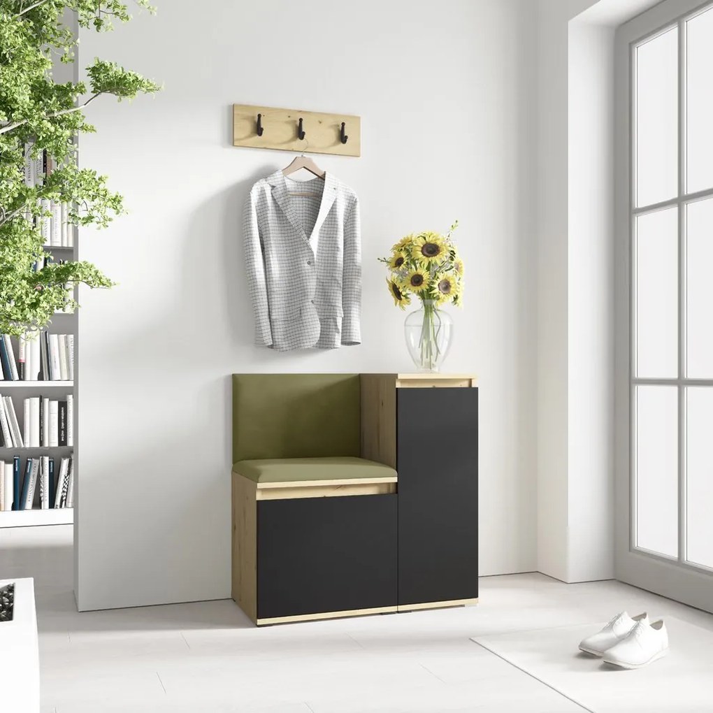 Eka Předsíňová stěna s čalouněnými panely Trinity 30 - Dub Artisan s černou / Zelená 2327