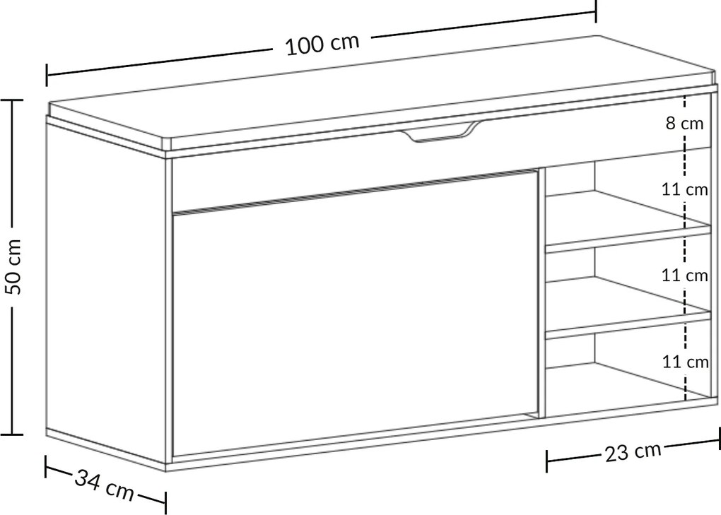 Botník bílý se sedákem a výsuvnými policemi GRADIA, 100 x 34 x 50 cm
