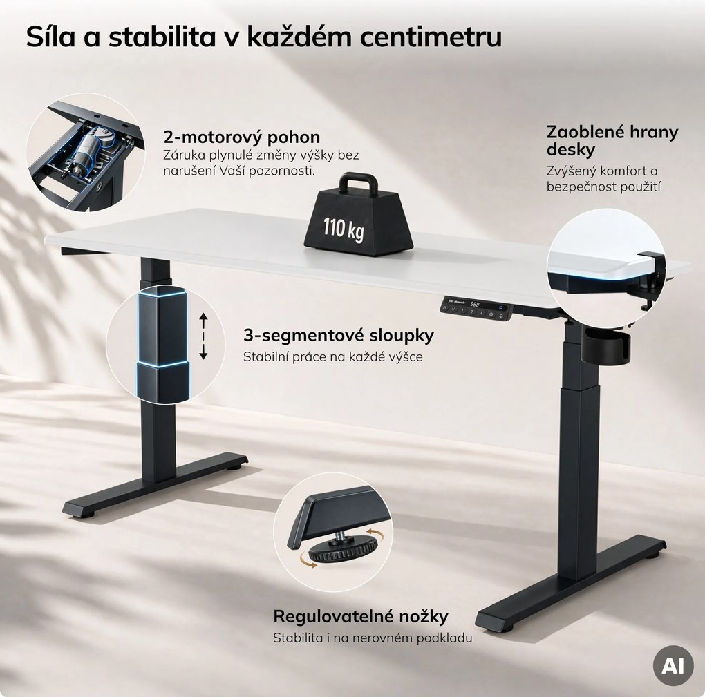 Elektrický stůl s nastavením výšky ergonomický antracitově-bílý, 1600x800 mm: ARIA