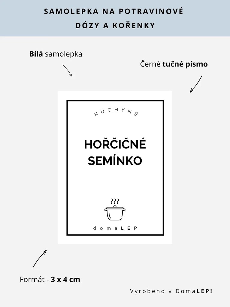 Samolepka na kořenky HOŘČIČNÉ SEMÍNKO bílá 3 × 4 cm tučné písmo