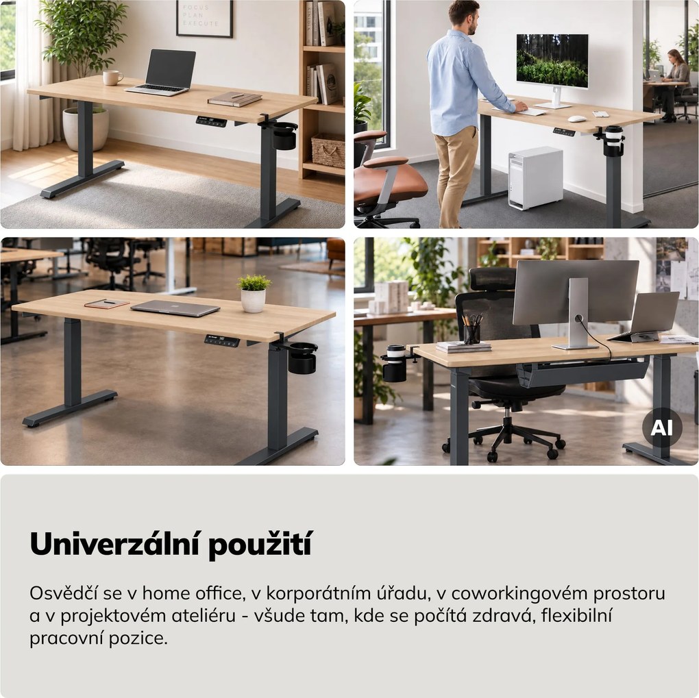 Elektrický stůl s regulací výšky ergonomický antracitový/dub sonoma,1400x700 mm: ARIA