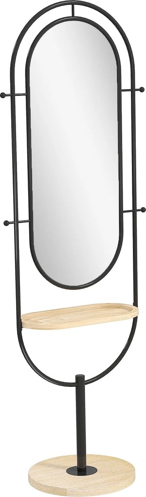 HOMCOM Oválné Stojací Zrcadlo s Dřevěnou Policí, 4 Háčky, Kovový Rám, pro Ložnici, Obývací Pokoj a Šatnu, 50 x 40 x 175,5 cm, Černé | Aosom