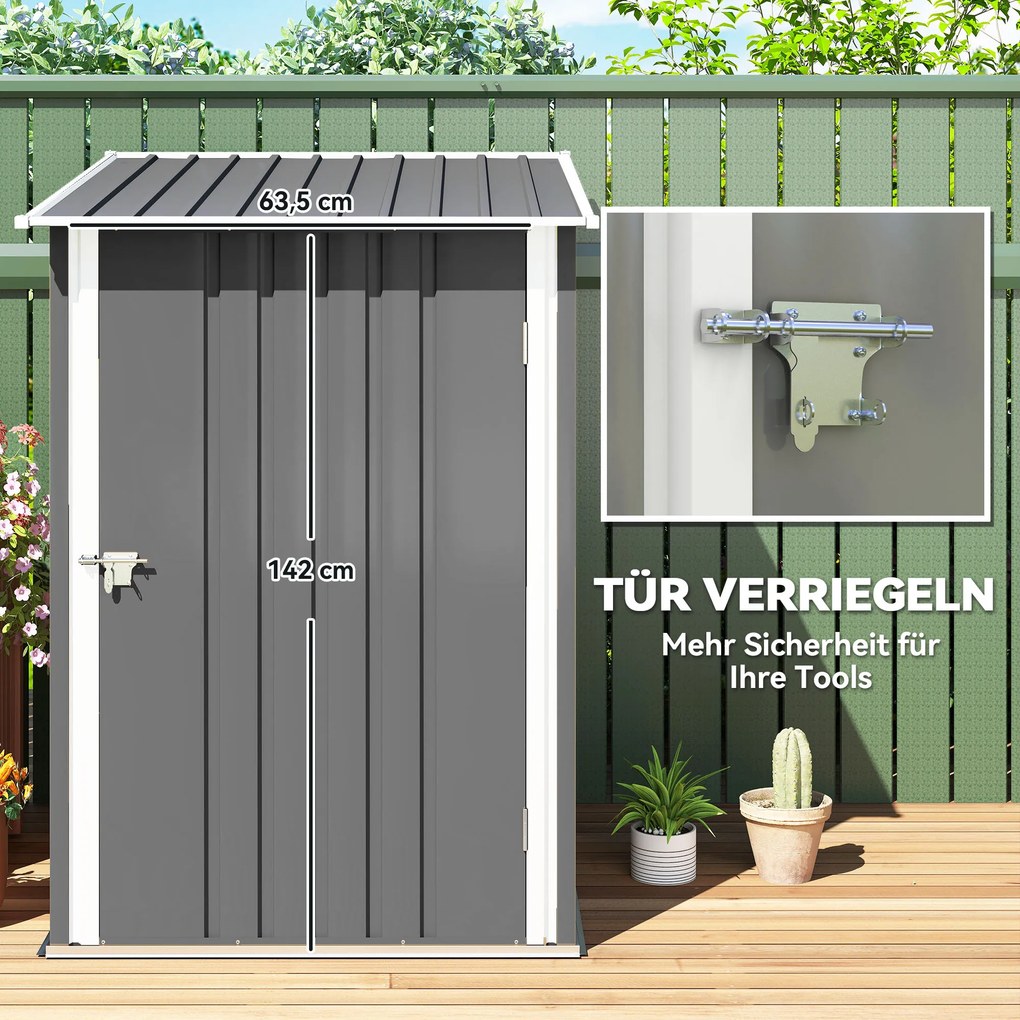 Outsunny ocelový přístřešek na nářadí 0,92 m² Uzamykatelný zahradní přístřešek s jednoplášťovou střechou, 100x103x160cm, šedý