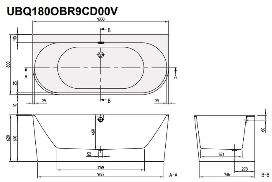 Villeroy & Boch Villeroy Boch OBERON 2.0 Duo: Vana 1800x800 mm, Quaryl, pro přistavení ke stěně, včetně odpadu a přepadu, bílá Alpin UBQ180OBR9CD00V-01