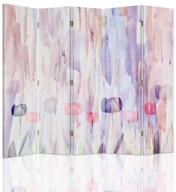 Ozdobný paraván, Malované květiny v pastelových barvách - 180x170 cm, pětidílný, klasický paraván