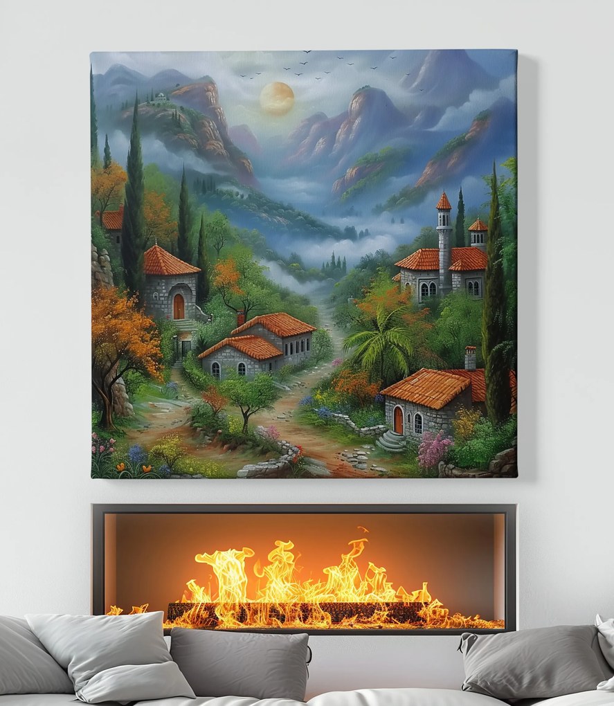 Obraz na plátně - Mlžné údolí s vesničkou La Trentina FeelHappy.cz Velikost obrazu: 100 x 100 cm