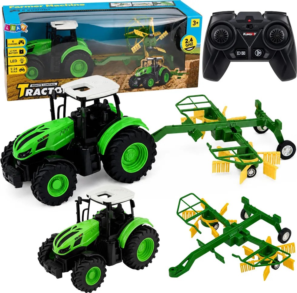 LEAN Toys Zemědělský traktor s hrabací lištou, dálkově ovládaný RC, se světly, měřítko 1:24
